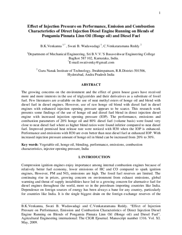 (PDF) Effect of Injection Pressure on Performance, Emission and ...
