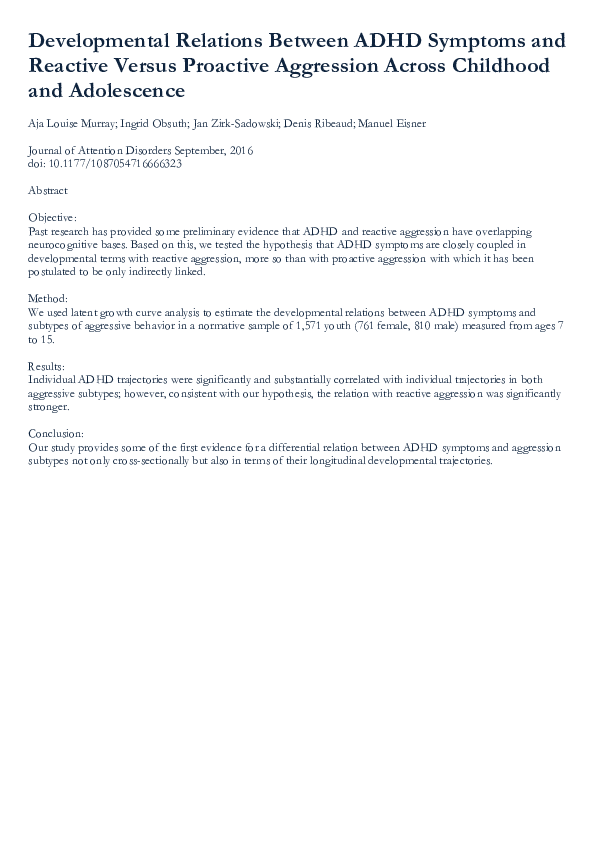 (PDF) Developmental Relations Between ADHD Symptoms and Reactive Versus ...