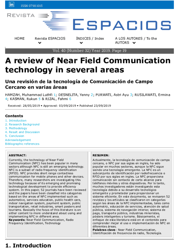 (PDF) A review of near field communication technology in several areas