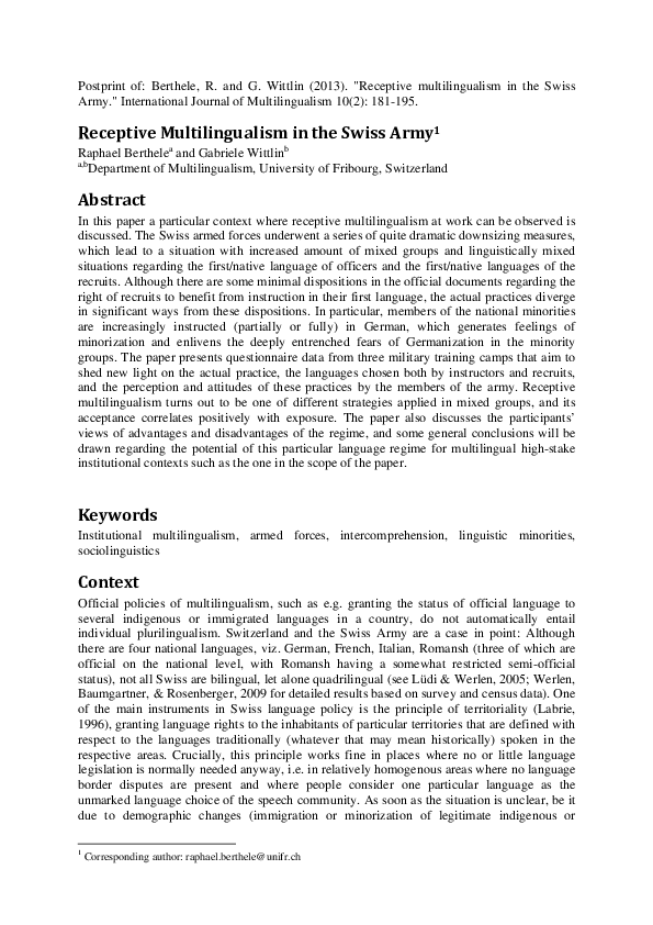 (PDF) Receptive multilingualism in the Swiss Army