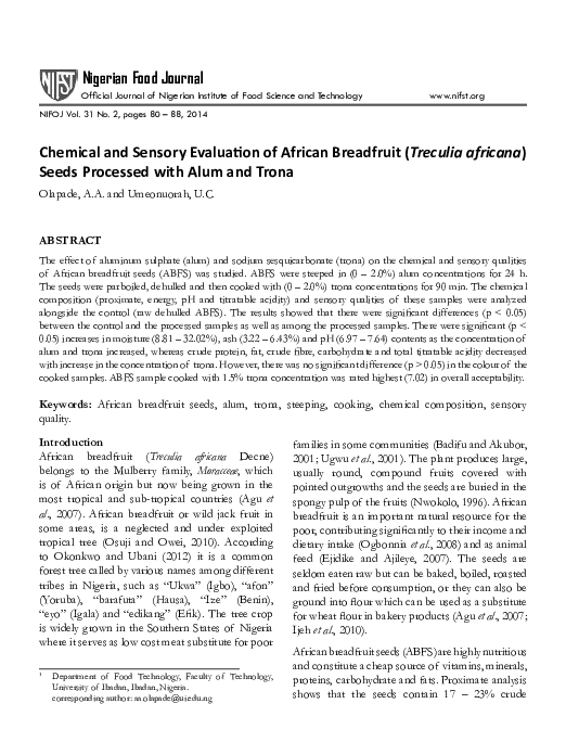 (PDF) Chemical and Sensory Evaluation of African Breadfruit (Treculia ...