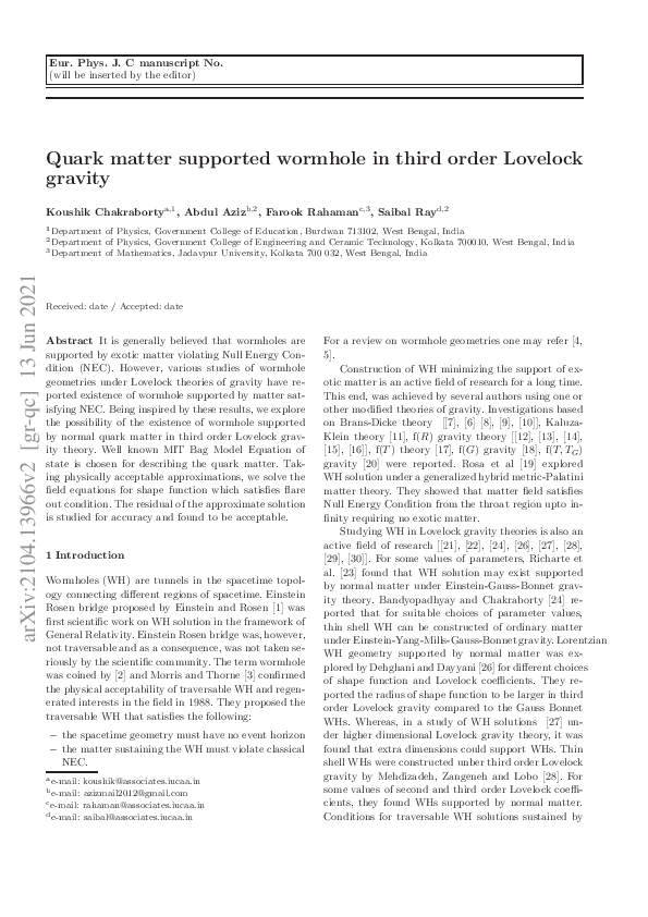(PDF) Wormholes with Quark Matter in Lovelock Gravity