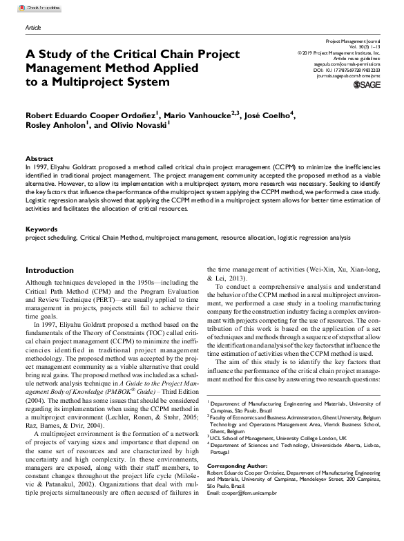 (PDF) A Study of the Critical Chain Project Management Method Applied ...
