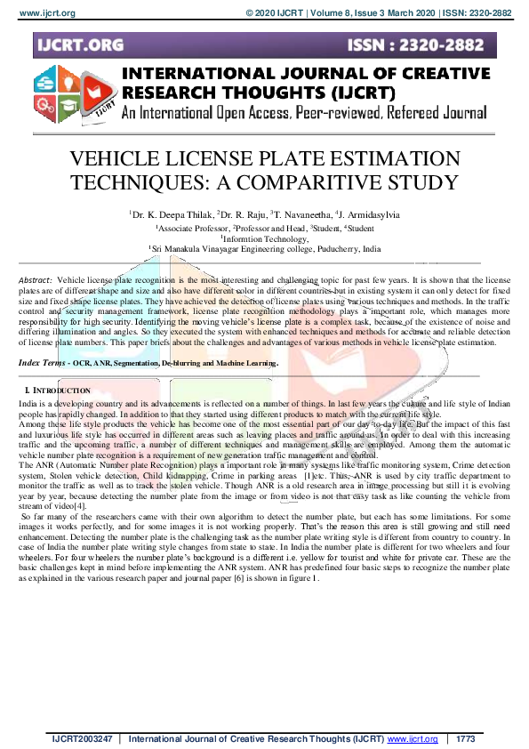(PDF) Vehicle License Plate Estimation Techniques: A Comparitive Study