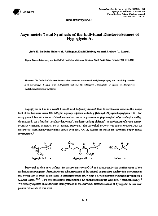 (PDF) Asymmetric total synthesis of the individual diastereoisomers of hypoglycin A