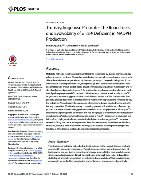 (PDF) Transhydrogenase Promotes the Robustness and Evolvability of E ...