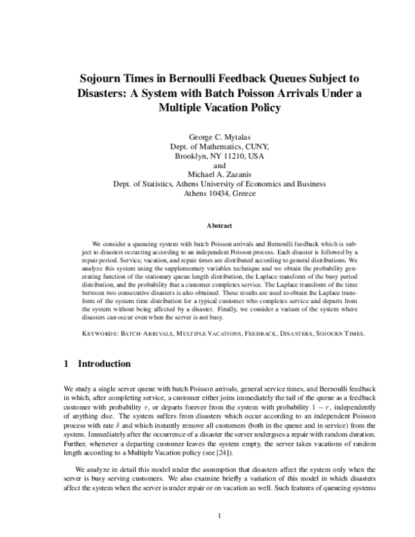 (PDF) Sojourn Times in Bernoulli Feedback Queues Subject to Disasters: A System with Batch ...