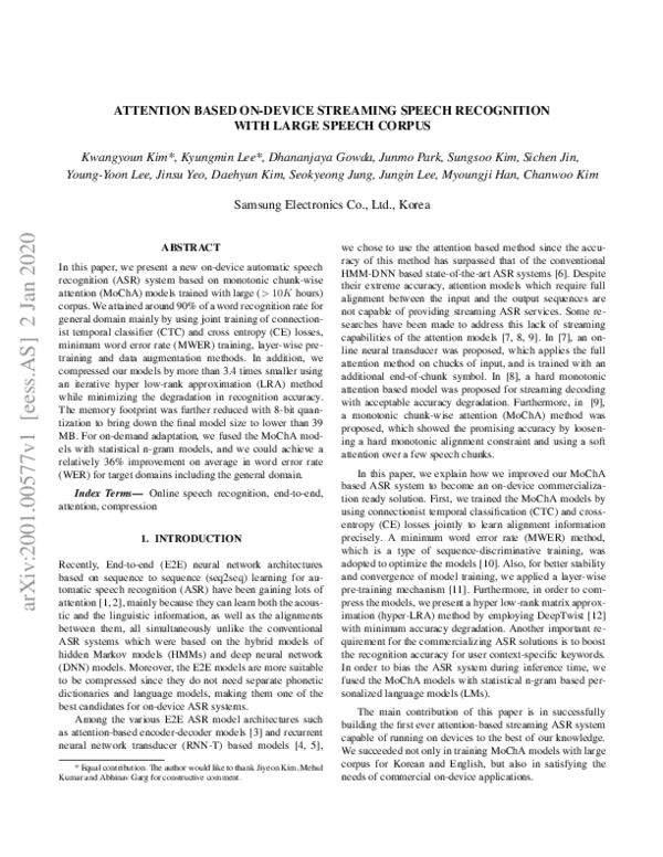 (PDF) Attention Based On-Device Streaming Speech Recognition with Large Speech Corpus