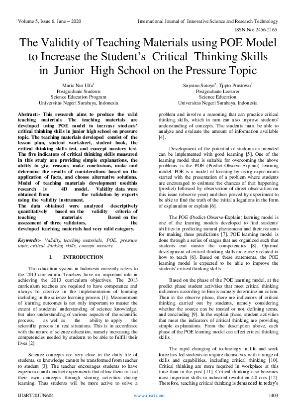 (PDF) The Validity of Teaching Materials using POE Model to Increase ...