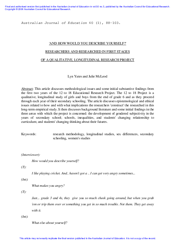 (PDF) And How Would You Describe Yourself?' Researchers and Researched ...