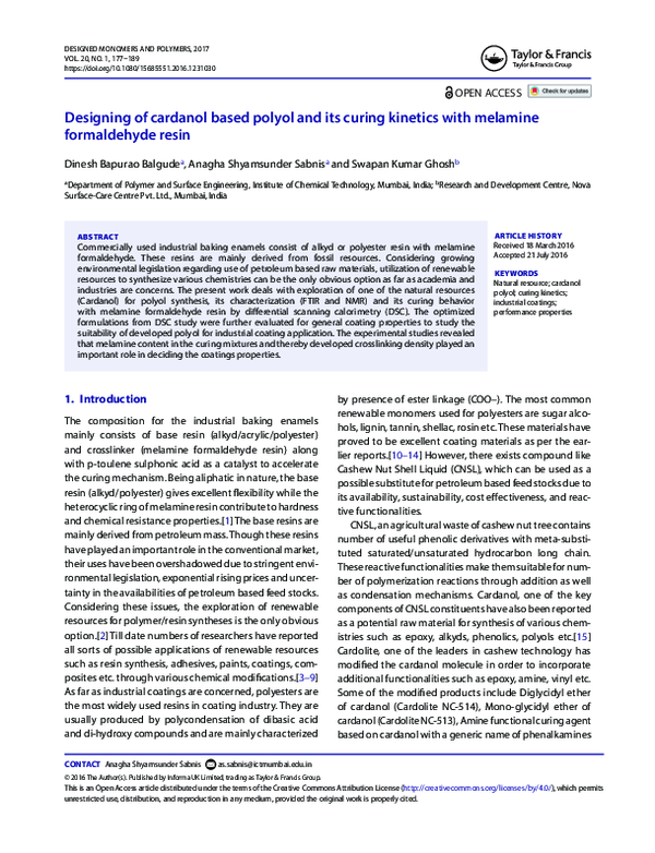 (PDF) Designing of cardanol based polyol and its curing kinetics with ...