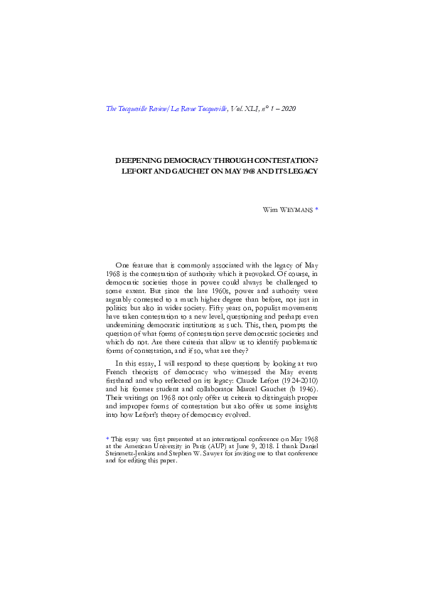 (PDF) Deepening democracy through contestation? Lefort and Gauchet on ...