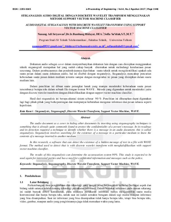 (PDF) Steganalisis Audio Digital Dengan Discrete Wavelet Transform Menggunakan Support Vector ...