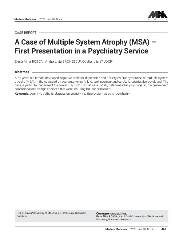 (PDF) A Case of Multiple System Atrophy (MSA) – First Presentation in a ...
