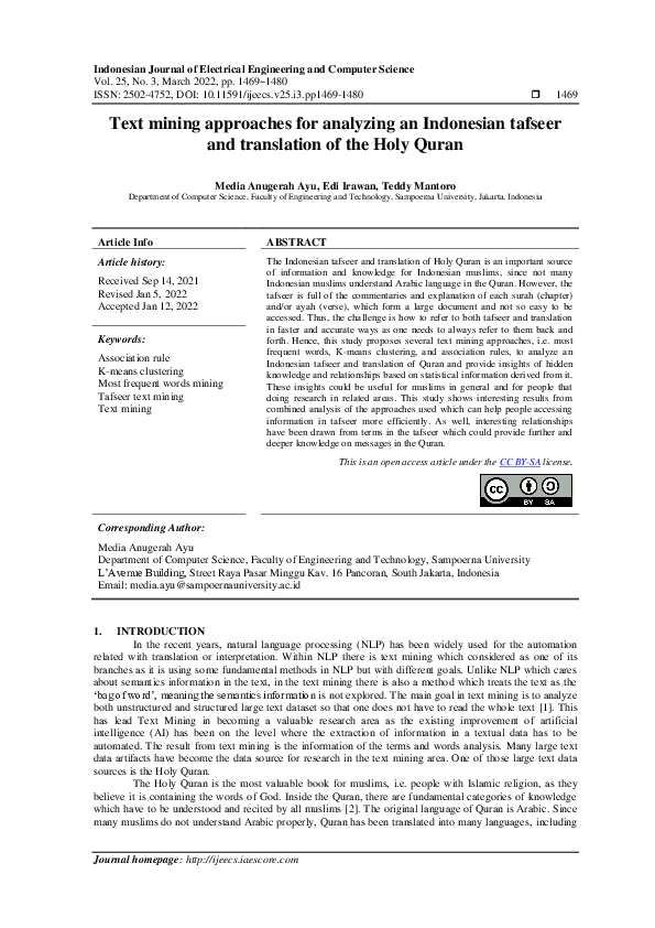 (PDF) Text mining approaches for analyzing an Indonesian tafseer and translation of the holy ...