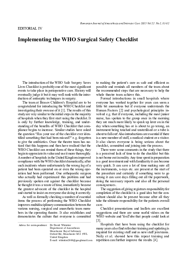 (PDF) Implementing the WHO Surgical Safety Checklist