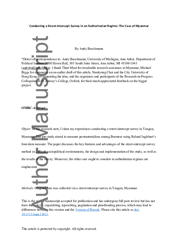 (PDF) Conducting a Street‐Intercept Survey in an Authoritarian Regime ...