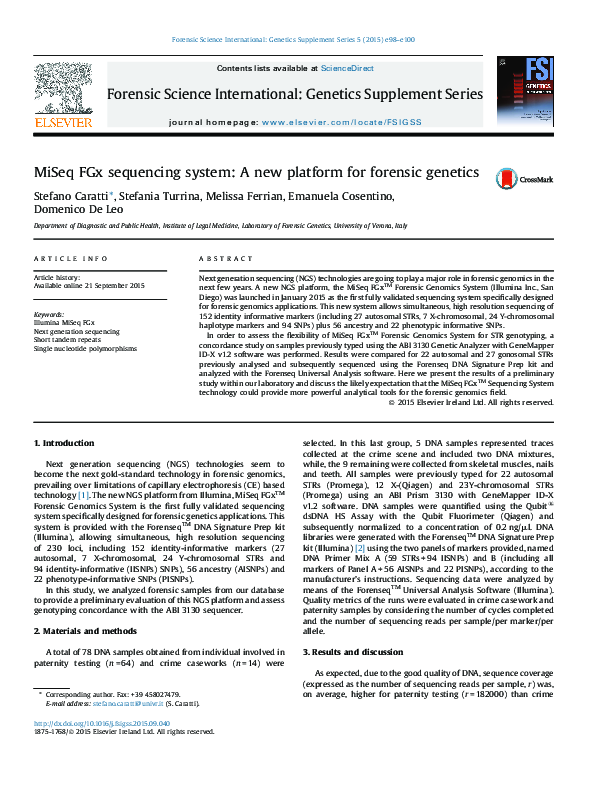 (PDF) MiSeq FGx Sequencing System: a new platform for forensic genetics