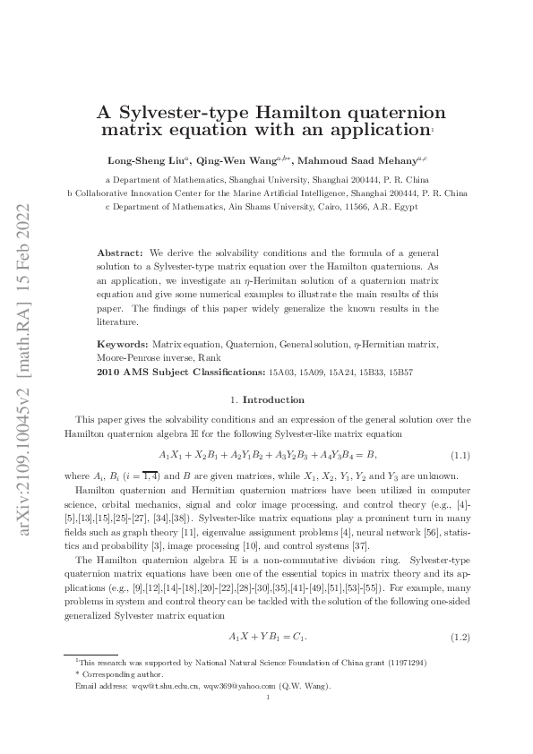 (PDF) A Sylvester-type Hamilton quaternion matrix equation with an ...