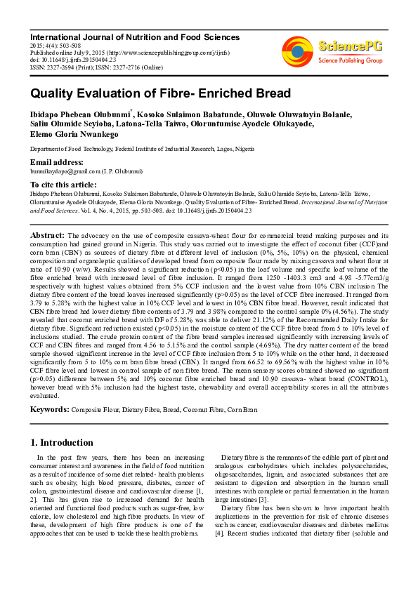 (PDF) Quality Evaluation of Fibre- Enriched Bread