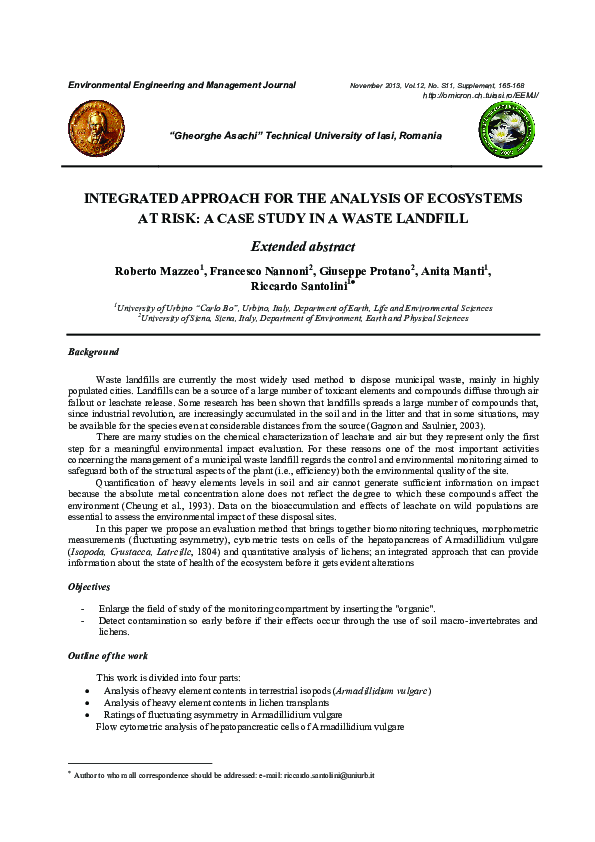 (PDF) Integrated Approach for the Analysis of Ecosystems at Risk: A ...