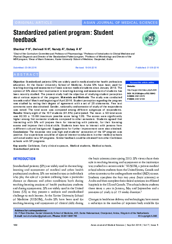 (PDF) Standardized patient program: Student feedback