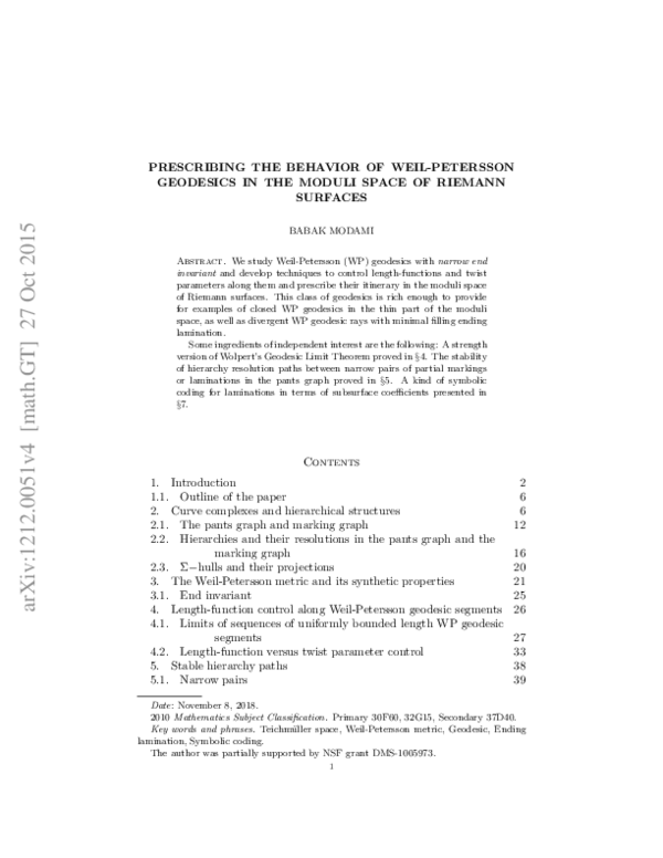 (PDF) Prescribing the behavior of Weil–Petersson geodesics in the ...