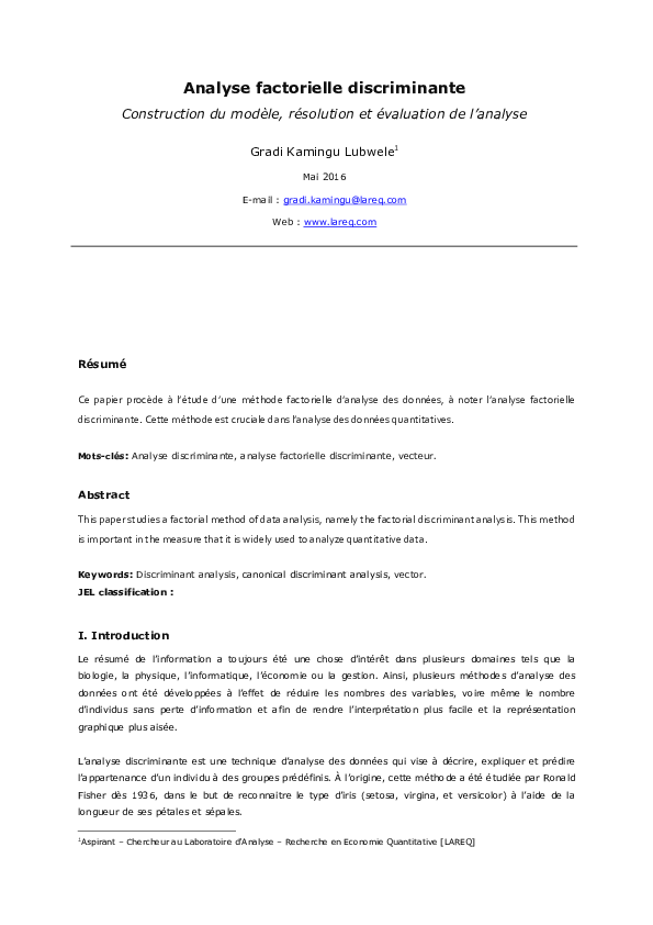 (PDF) Analyse factorielle discriminante. Construction du modèle, résolution et évaluation de l ...