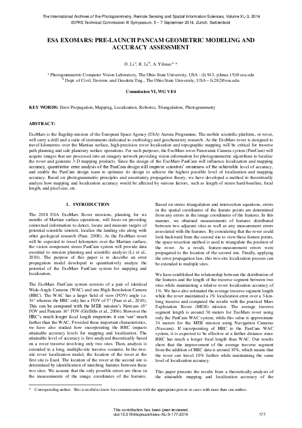 (PDF) ESA ExoMars: Pre-launch PanCam Geometric Modeling and Accuracy Assessment