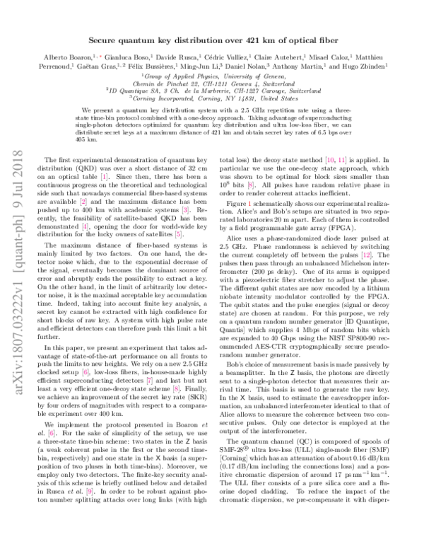 (PDF) Secure Quantum Key Distribution over 421 km of Optical Fiber