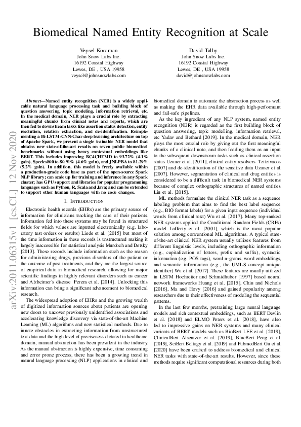 Pdf Biomedical Named Entity Recognition At Scale Veysel Kocaman
