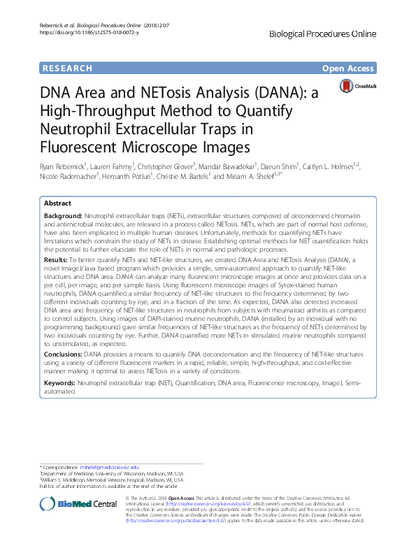 (PDF) DNA Area and NETosis Analysis (DANA): a High-Throughput Method to ...