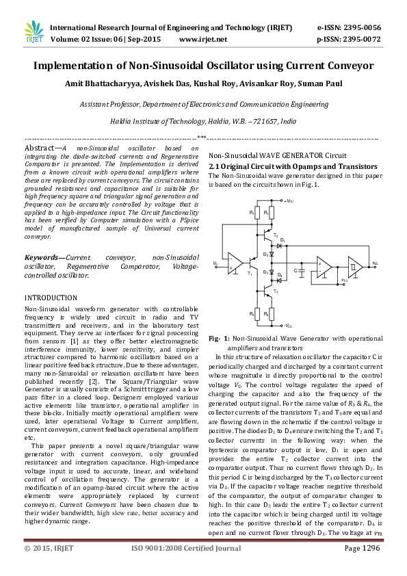 (PDF) Implementation of Non-Sinusoidal Oscillator using Current Conveyor