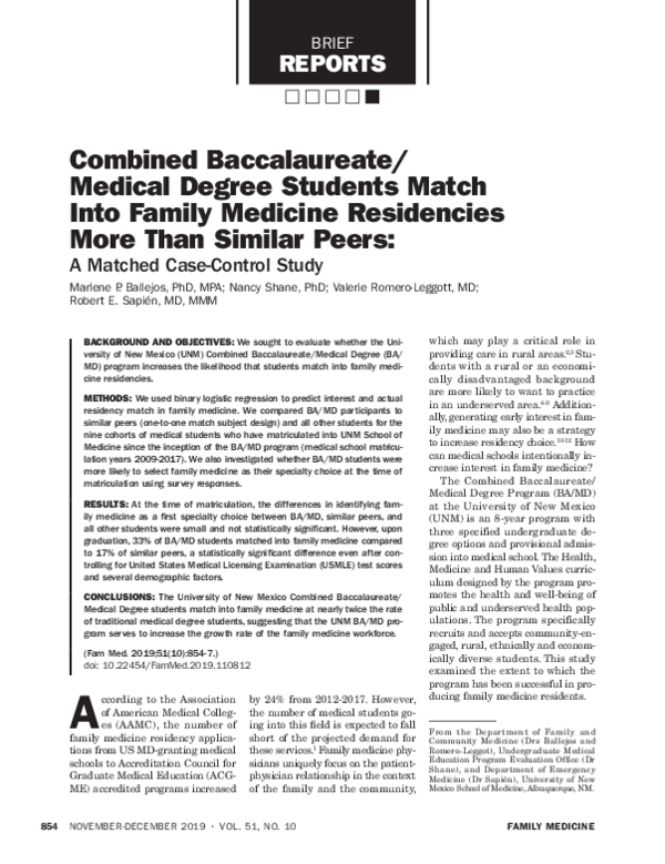 (PDF) Combined Baccalaureate/Medical Degree Students Match Into Family ...