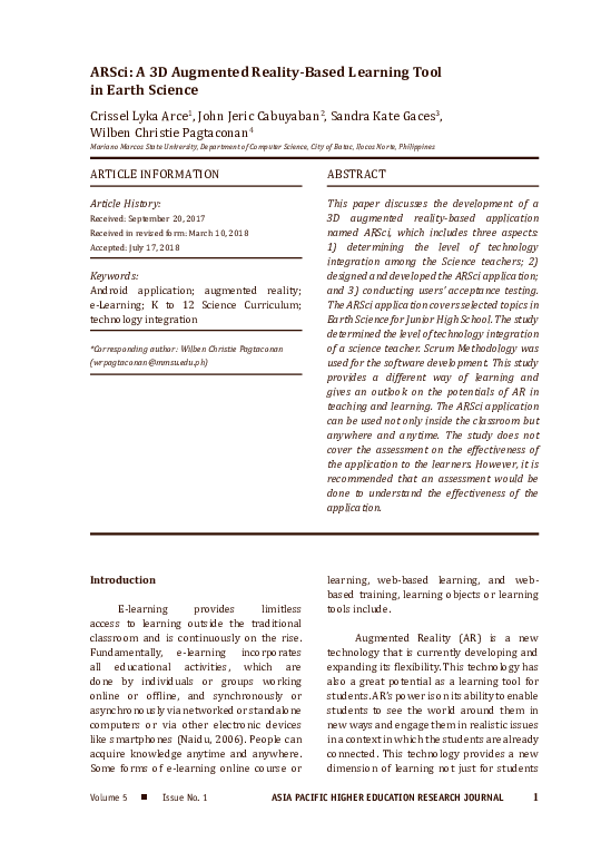 (PDF) ARSci: A 3D Augmented Reality-Based Learning Tool in Earth Science