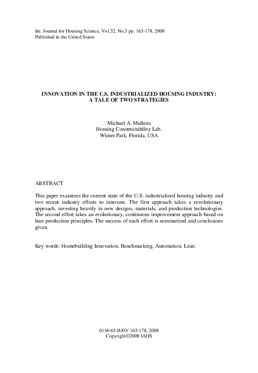 (PDF) Innovation in the U.S. Industrialized Housing Industry: A Tale of ...