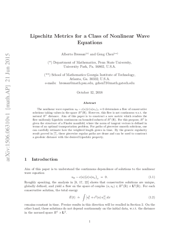 (PDF) Lipschitz Metrics for a Class of Nonlinear Wave Equations