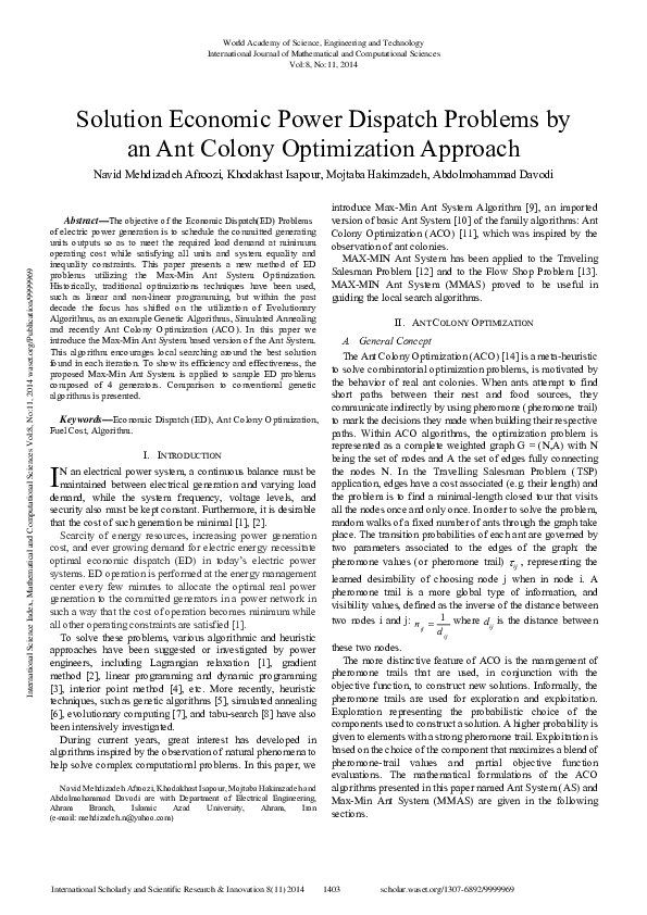 (PDF) Solution Economic Power Dispatch Problems By An Ant Colony Optimization Approach