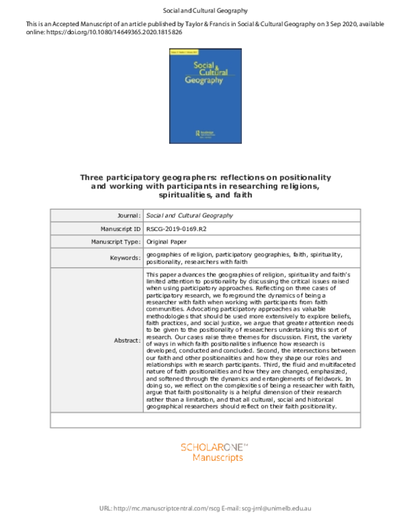 (PDF) Three participatory geographers: reflections on positionality and working with ...