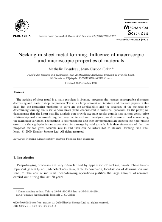 (PDF) Necking in sheet metal forming. Influence of macroscopic and ...