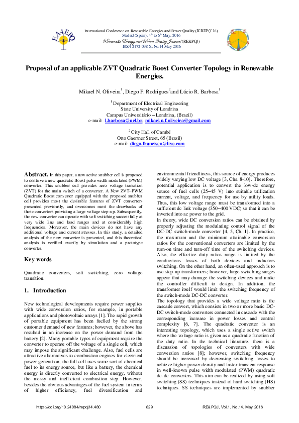 (PDF) Proposal of an applicable ZVT Quadratic Boost Converter Topology in Renewable Energies