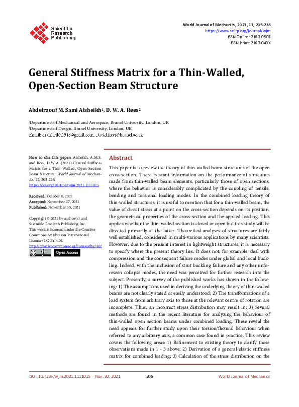 (PDF) General Stiffness Matrix for a Thin-Walled, Open-Section Beam Structure