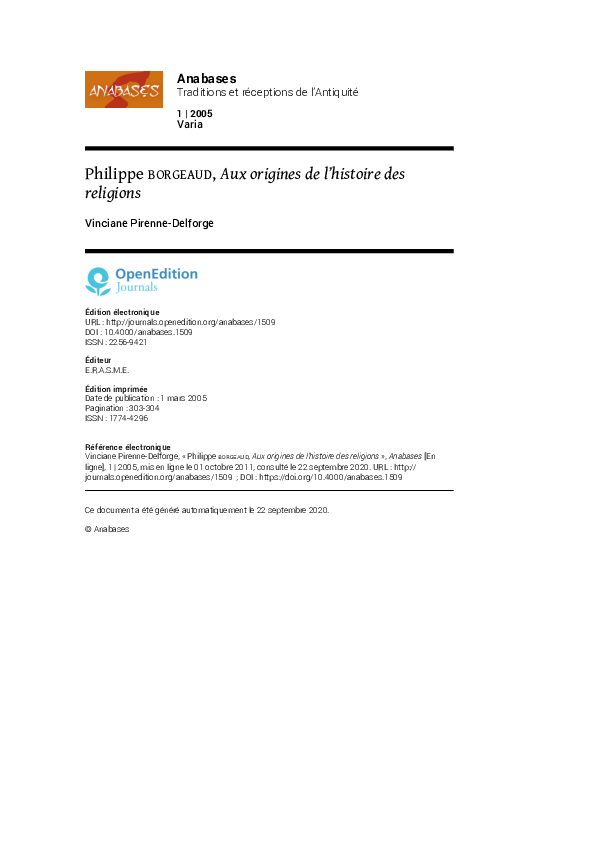 (PDF) Philippe Borgeaud Aux origines de l'histoire des religions Paris ...