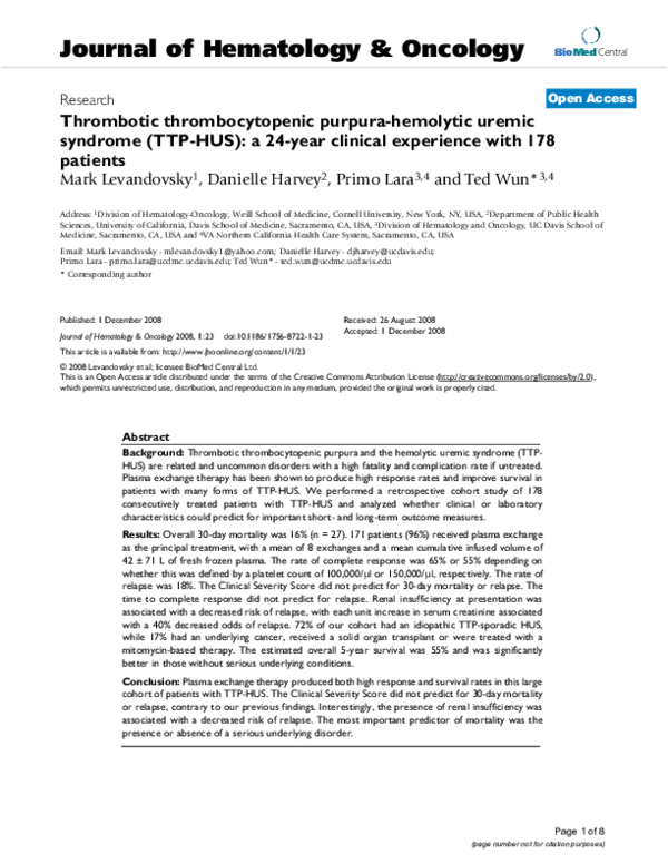 (PDF) Thrombotic thrombocytopenic purpura?hemolytic uremic syndrome (TTP-HUS) following ...