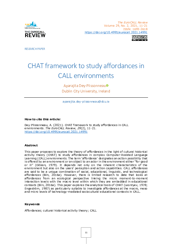 (PDF) CHAT framework to study affordances in CALL environments