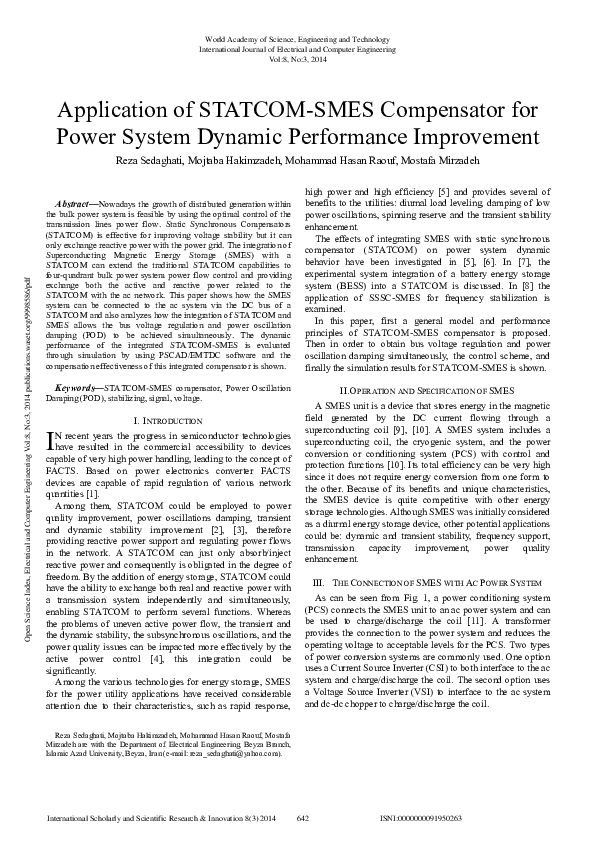 (PDF) Application of STATCOM-SMES Compensator for Power System Dynamic Performance Improvement