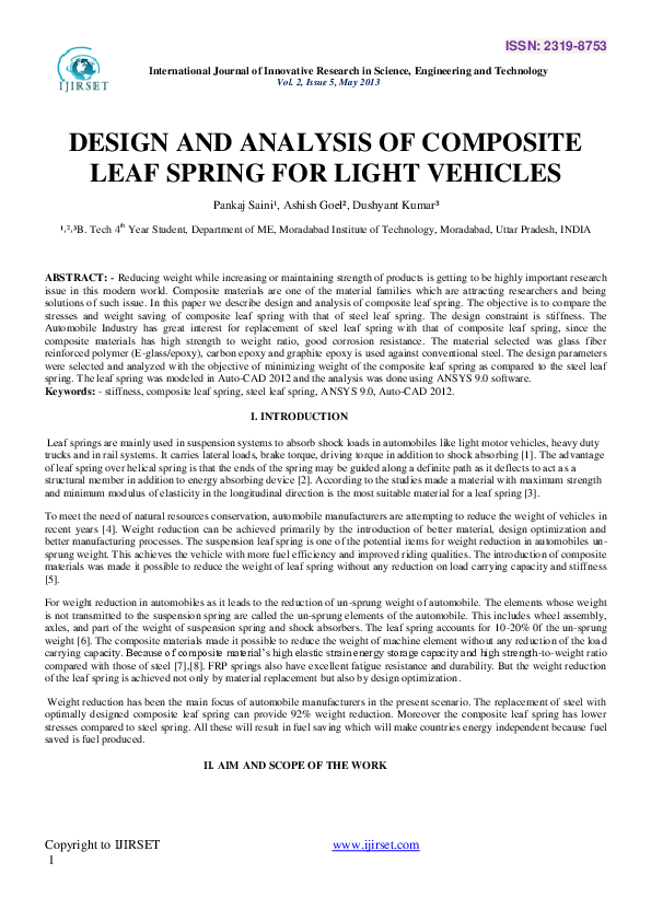 (PDF) Design and Analysis of Composite Leaf Spring for Light Commercial ...