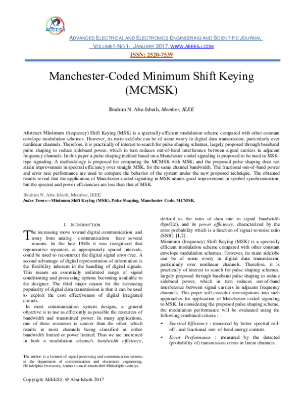 (PDF) Manchester-Coded Minimum Shift Keying ( MCMSK )