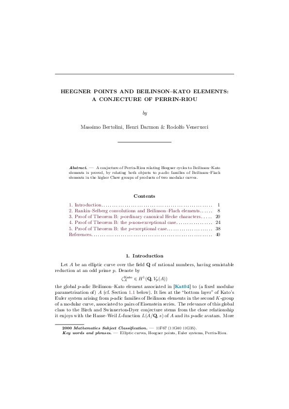 (PDF) Heegner points and Beilinson–Kato elements: A conjecture of ...