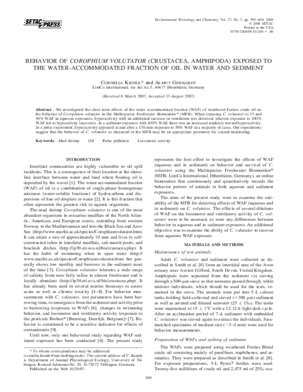 (PDF) Behavior of Corophium volutator (Crustacea, Amphipoda) Exposed to ...